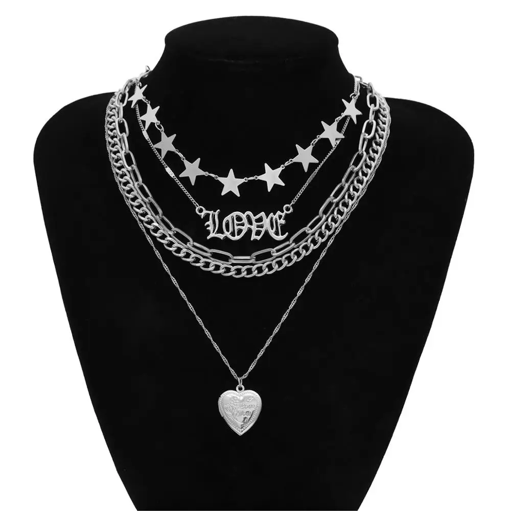 Cadena Punk multicapa con corazón y estrellas para hombre y mujer ...