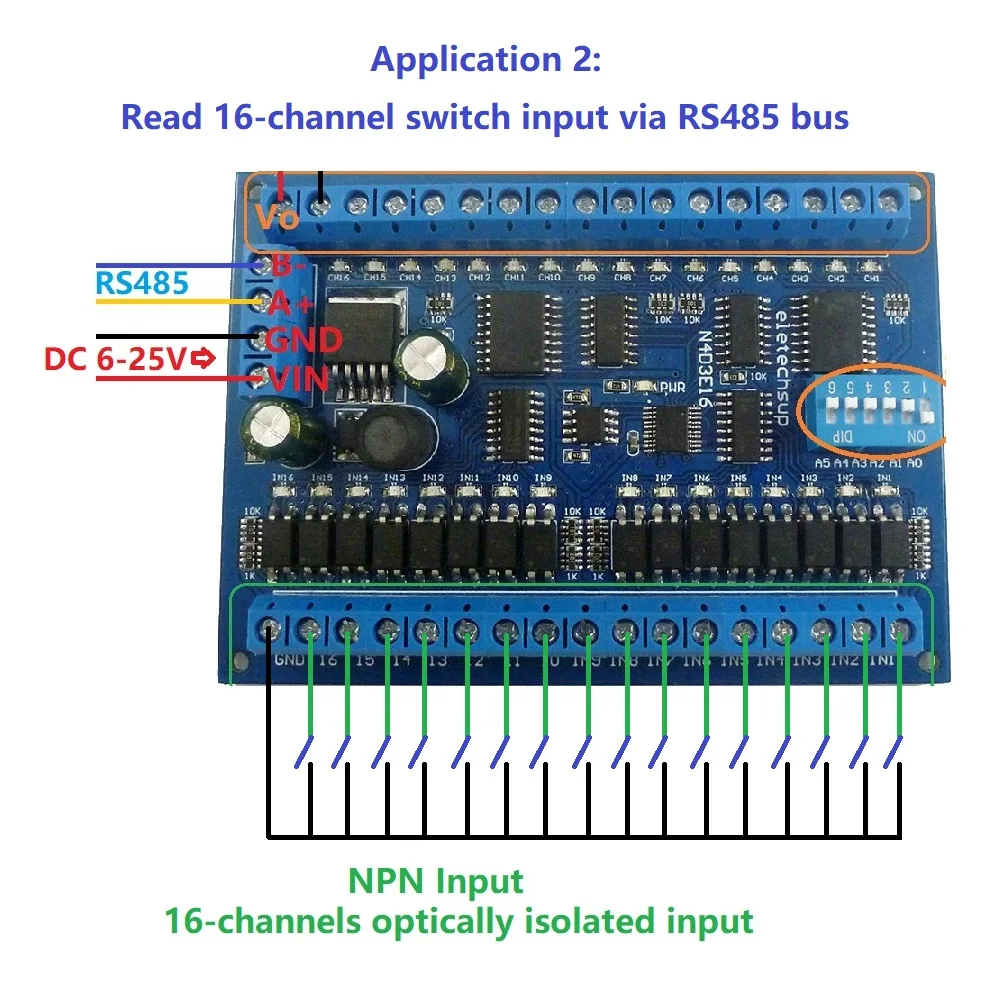 n4d3e16 board 16di-16do dc 12v 24v rs485 io port remote control module modbus rtu switch value ...