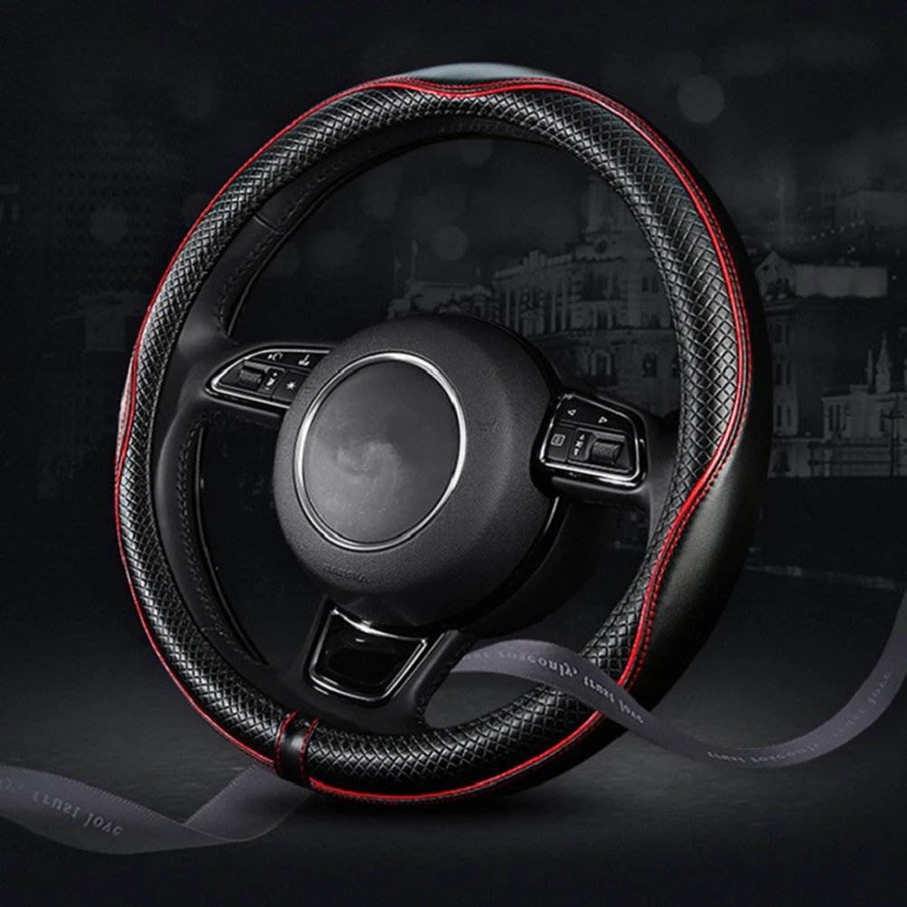 ALLGT Genuine Leather Car Steering Wheel Cover Black Fashion Line ...