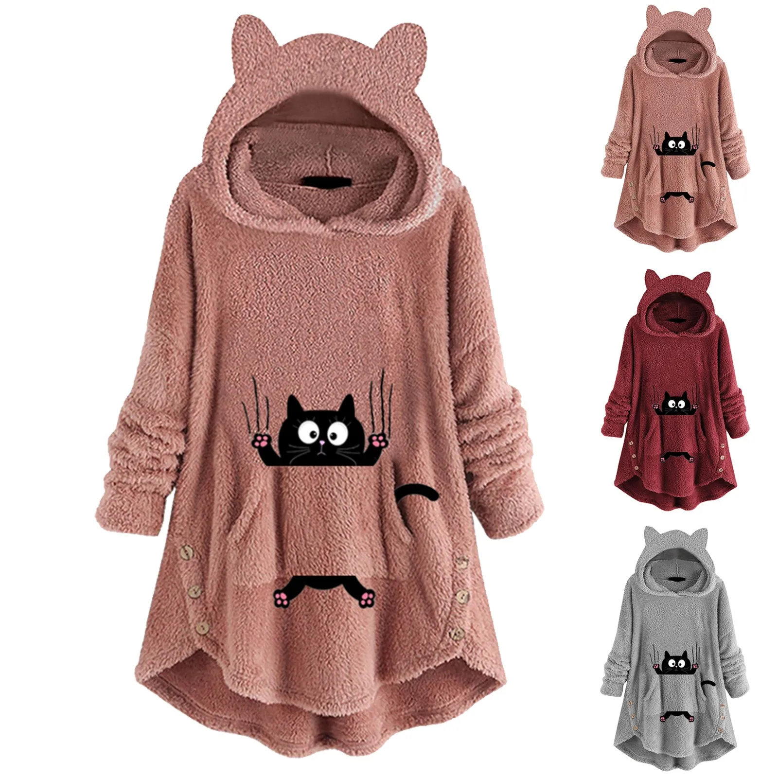 Bluzy damskie bluza polarowa zabawny nadruk z kotem Kawaii czapka ...