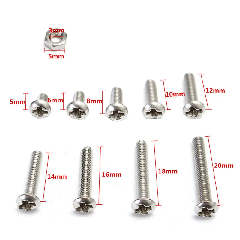 340pcs stainless steel M3 Cross Screw Set with Nuts cap set