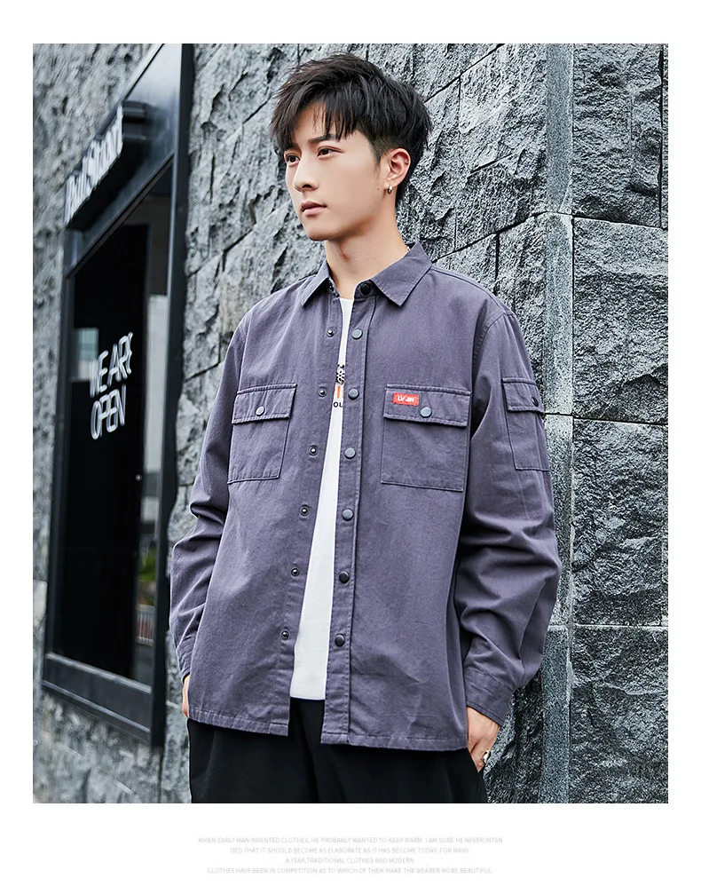 Винтажная Мужская рубашка, Новая мода, длинный рукав, сплошной цвет ...