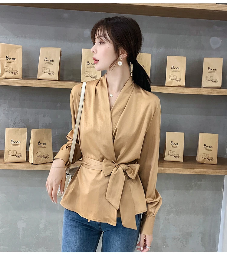 Корейские модные шелковые женские блузки атласные женские топы и ...