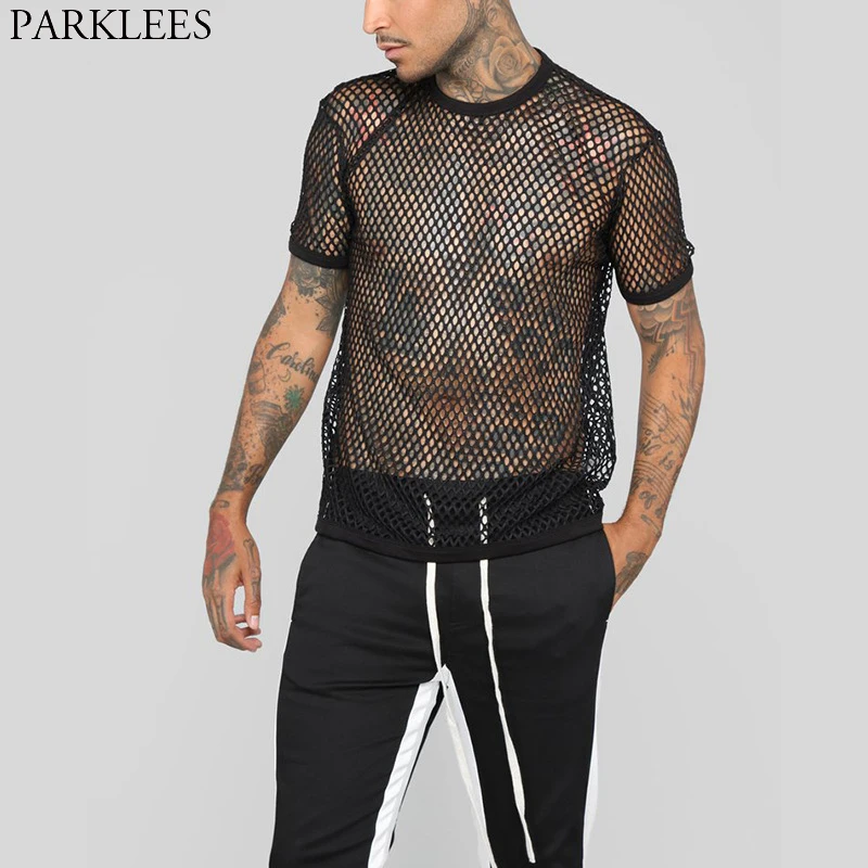 Camiseta de malla transparente para hombre, camisa Sexy de manga corta ...
