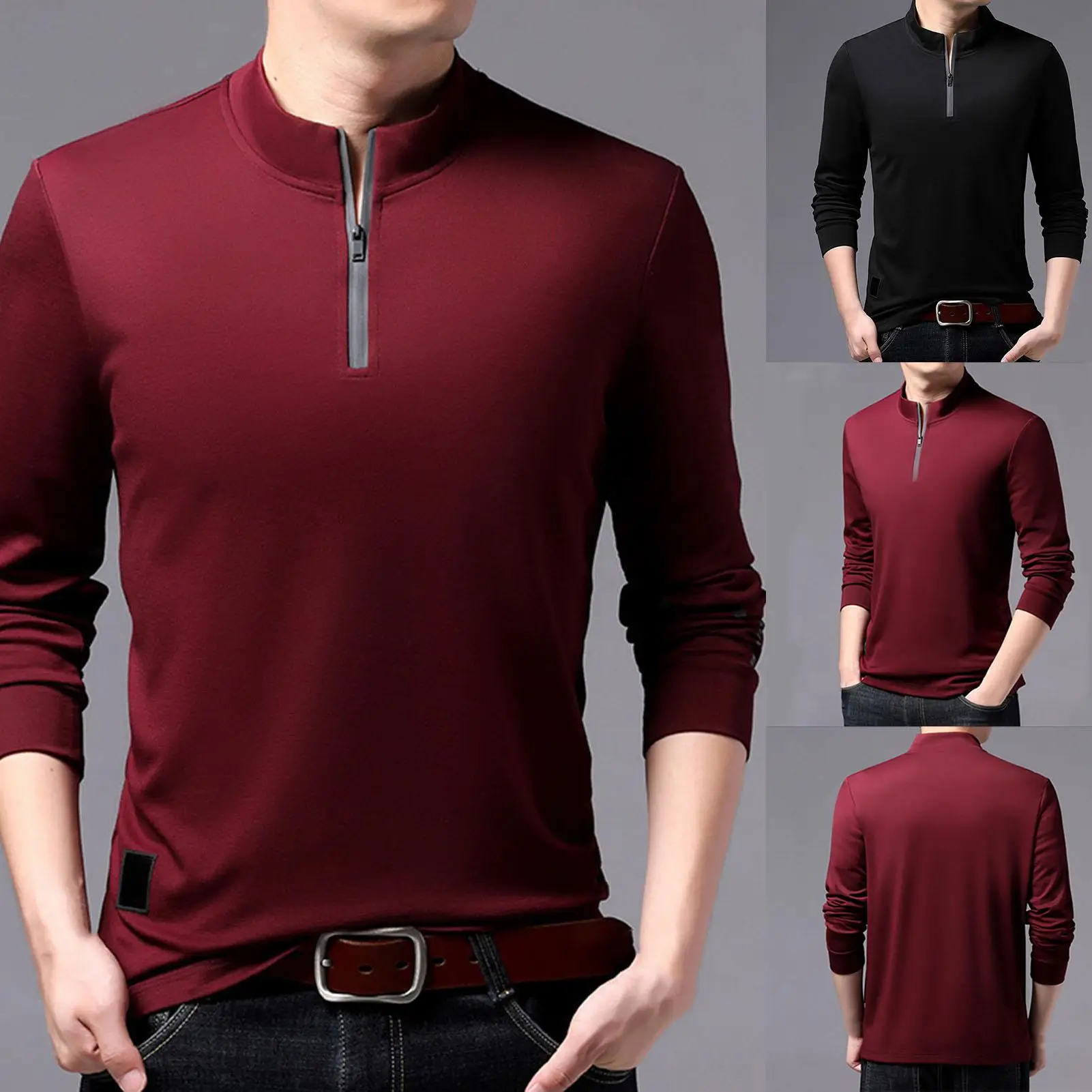 Solid-Color-t-shirt-Men-Autumn-Winter-Long-Sleeve-Zipper-Stand-Collar-T ...