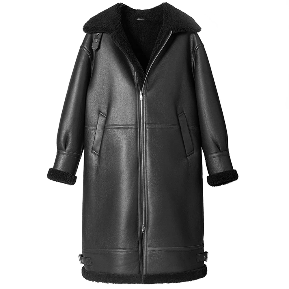 Mens B7 Sheepskin Shearling Jacket Long Fur Coat Black Leather Jacket ...