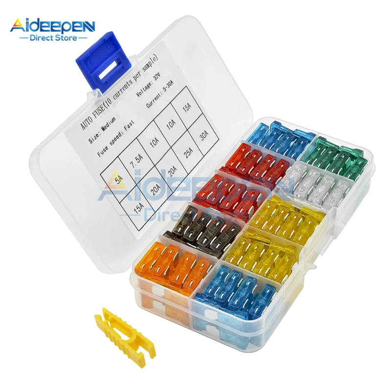 100Pcs/set Mini/Small/Medium Car Fuses 5A 7.5A 10A 15A 20A 25A 30A Amp ...
