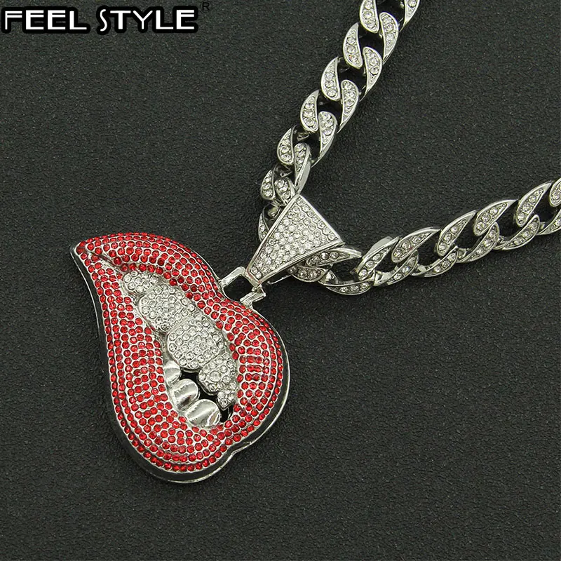 Hip Hop Aaa+ Rhinestone Iced Out Sexy Biting Lips Pendant With Cuban ...
