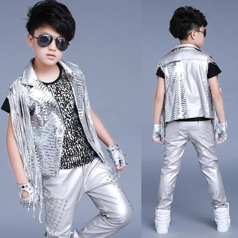 Jazz Costumes Children Silver Sequined Tassel Coat Boys Rock Drum Show ...