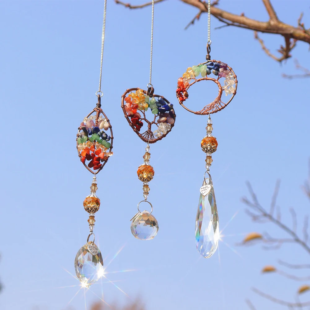 Crystal Wind Chimes Rainbow Prism Life Tree Stone Beads Pendant Craft ...