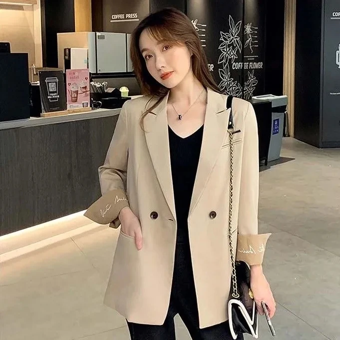 봄가을 여성용 긴 블레이저 더블 단추 정장 재킷 넉넉한 와일드 캐주얼 코트 단색 정장 블레이저 정장 2023 년 패션