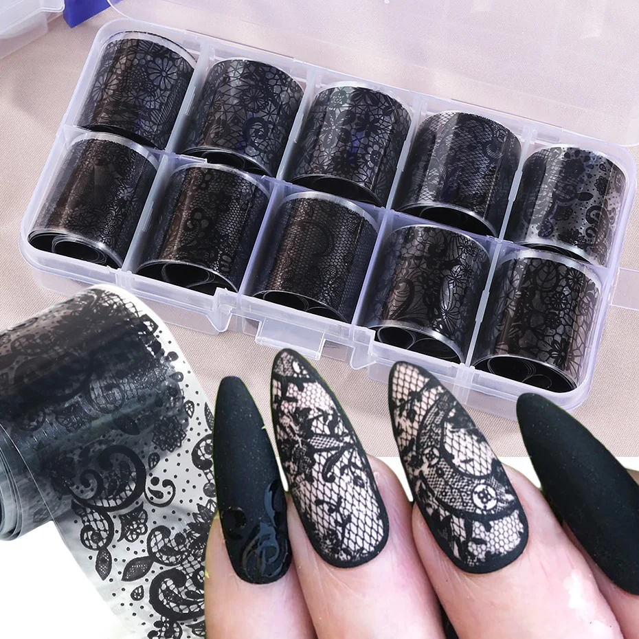 10 Rolls/box White Black Lace Nail Art Foils Set Nail Transfer Sticker ...