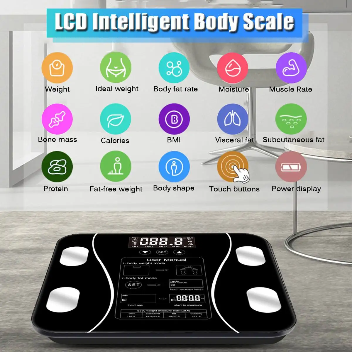 Body Fat bmi Scale Digital Human Weight Scales Home Measuring Floor LCD ...
