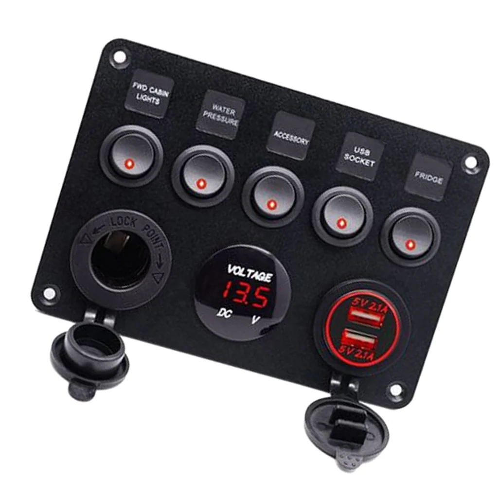 5 Gang Rocker Switch Panel W/ Digital Voltmeter+12V Power Socket ...