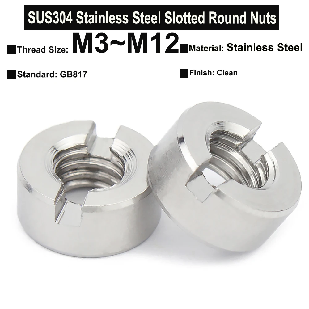 2Pcs~10Pcs M3 M4 M5 M6 M8 M10 M12 SUS304 Stainless Steel Slotted Round Nuts GB817