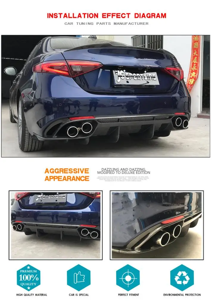 Carbon Fiber Car Rear Bumper Diffuser Lip Spoiler for Alfa Romeo Giulia ...