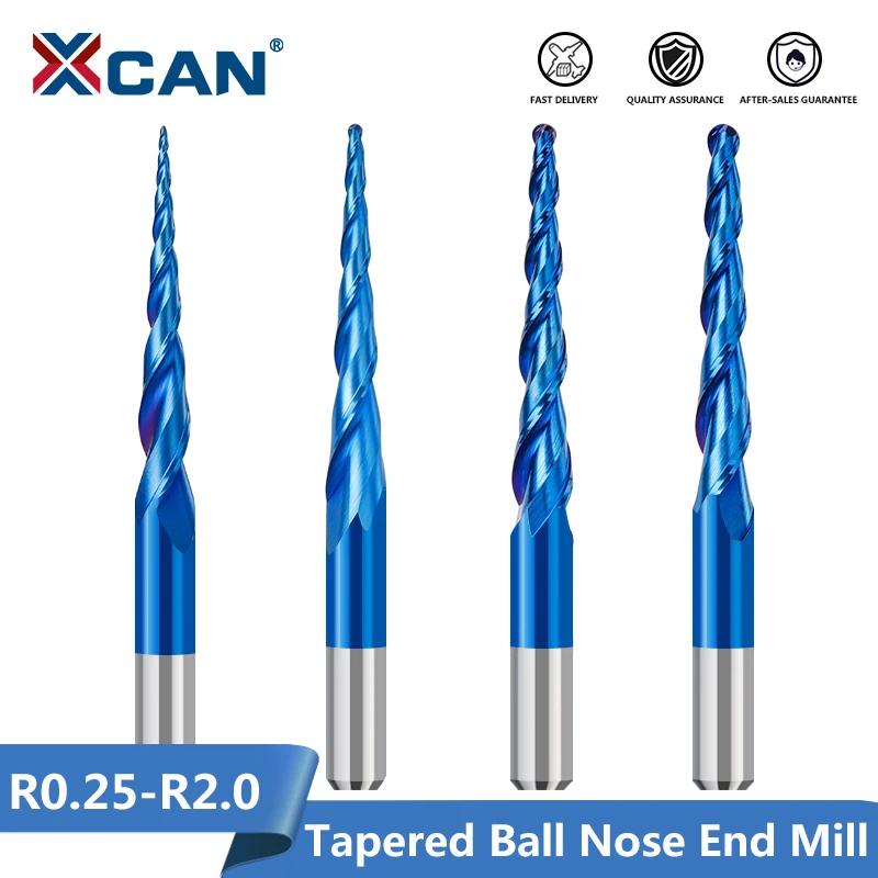 XCAN Milling Cutter 6mm Shank Tapered Ball Nose End Mill R0.25/R0.5/R0 ...