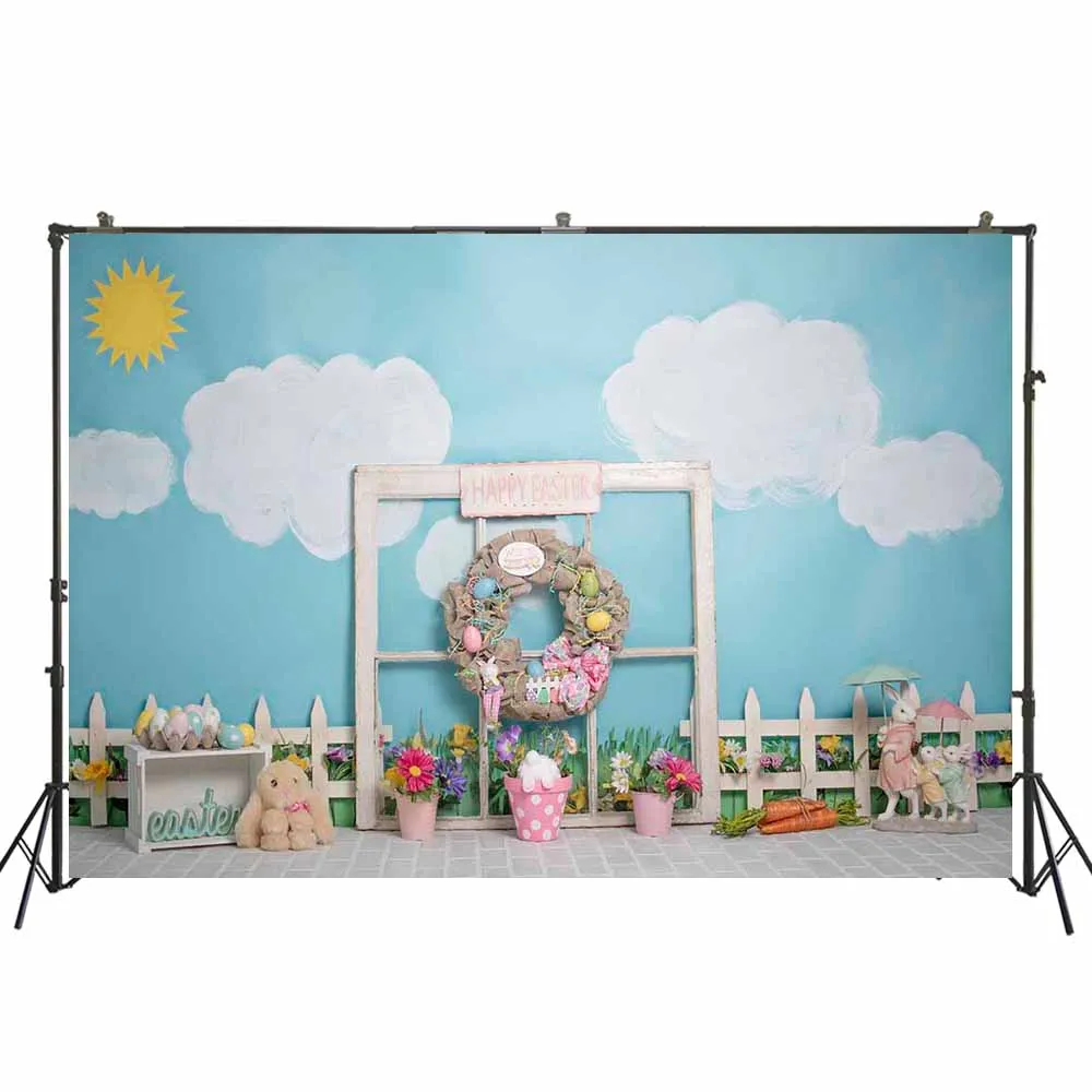 Easter Backdrop Spring Flowers Easter Eggs Blue Sky White Cloud ...