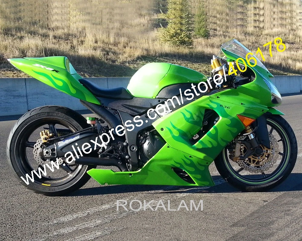 フェアリング Kawasaki 2005-2006 ZX6R 636 S06Sのための注射新しいABSブラックグリーンフェアリングフィット ...