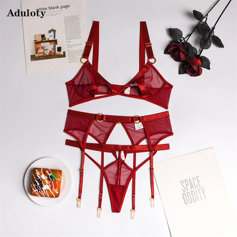 Aduloty lencería Sexy de malla transparente para mujer, ropa interior fina erótica, liguero ...