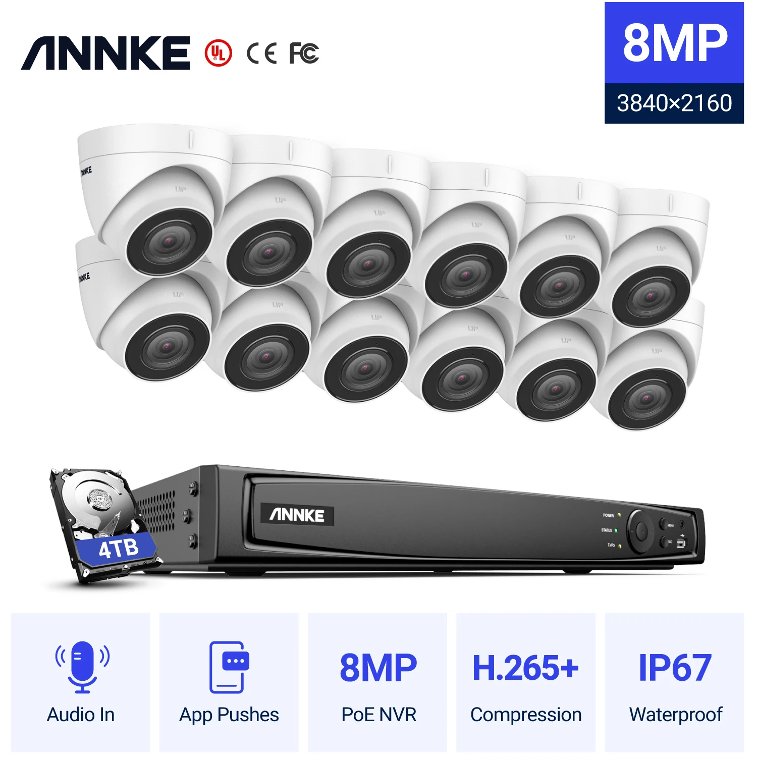 ANNKE 16CH 4K Ultra HD POE Network Video Security System 8MP H.265 NVR With 12X 8MP 30m EXIR ...
