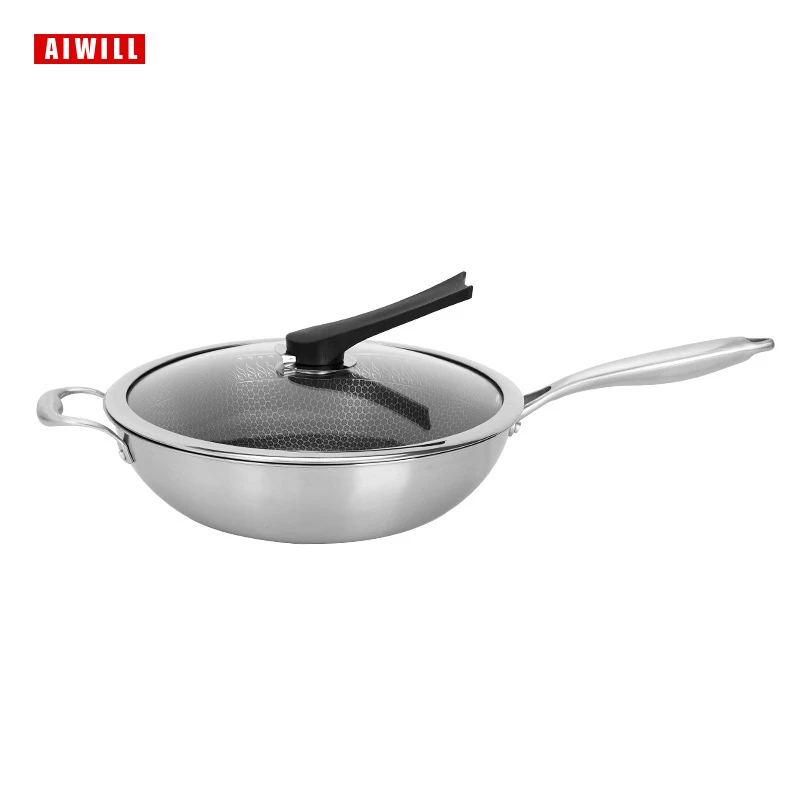 AIWILL 32cm/34cm Nonstick Wok 304 Full Stainless Steel Wok No Fume ...