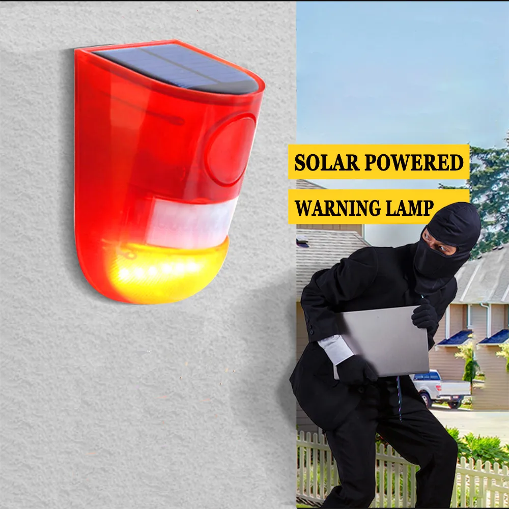 6LED Solar Alarm Lamp Outdoor PIR Motion Sensor Warning Waterproof 4 ...