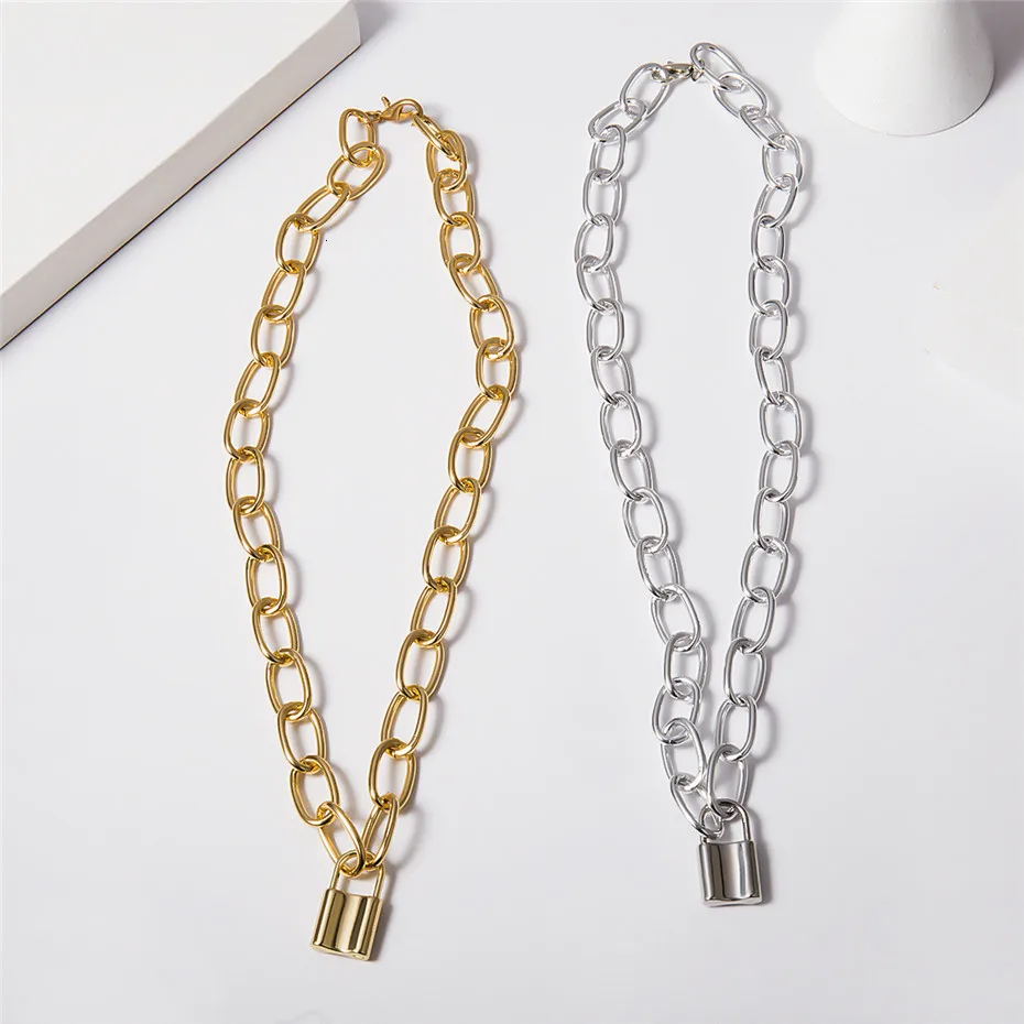 Gold Color Lock Pendant Curb Cub Thick Choker Necklace | Muduh Collection