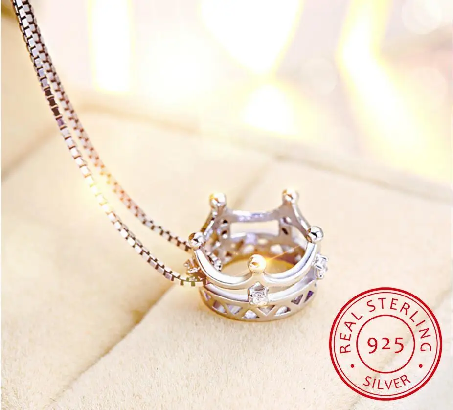 925 Sterling Sliver Princess Crown Zirconia Pendant Neckace For Women ...