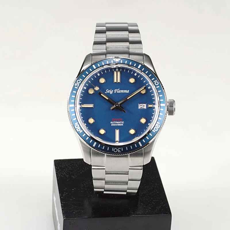 Seig Flamma 패션 스테인레스 스틸 자동 남성용 시계, 사파이어 유리 200M 방수 NH25 Mov 기계식 다이버 시계 ...