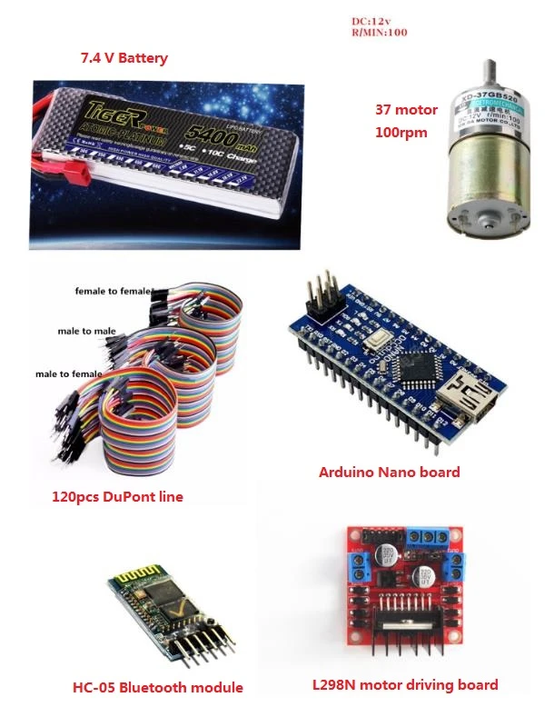 Arduino 나노 보드 + L298N 모터 구동 보드 + HC 05 블루투스 모듈 + 7.4 V 배터리 + 37 모터 ...