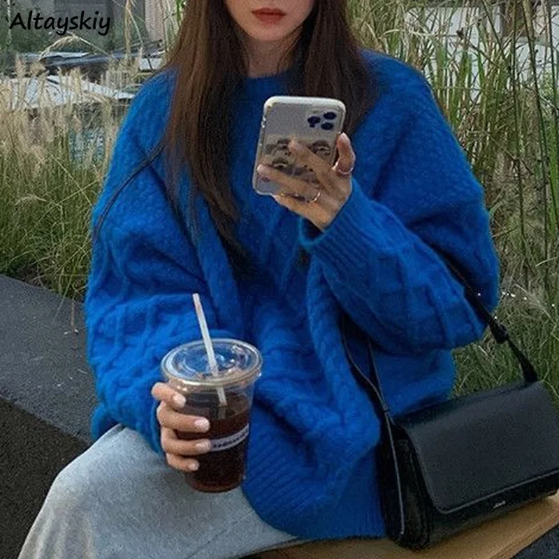 여성용 솔리드 풀오버 O넥 스웨터 루즈한 얼짱 올매치 캐주얼 니트 긴팔 시크한 신상 스트리트웨어 부드러운 패션풀오버