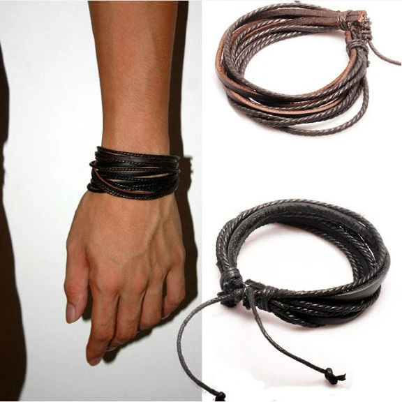 1pc Monochrome Woven Leather Bracelet Pure Hand-painted Leather Rope ...