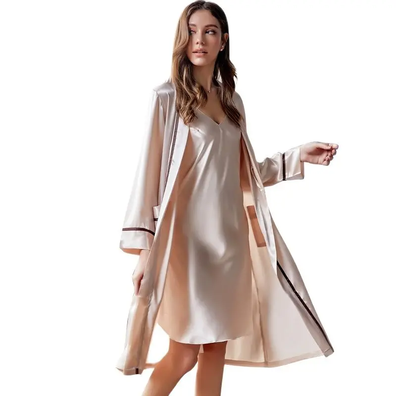 Conjunto De Robe Feminino Camisola De Seda Com Alça Sexy Para O Verão