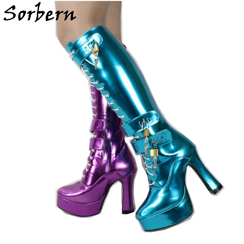 Sorbern Blue Metallic Locking Women Boots Knee High 6 Lockable Strap ...