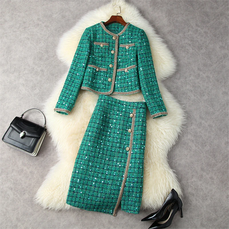 Runway Winter Tweed Dress Set 2021 Autumn Women's Party Suits Sequins ...