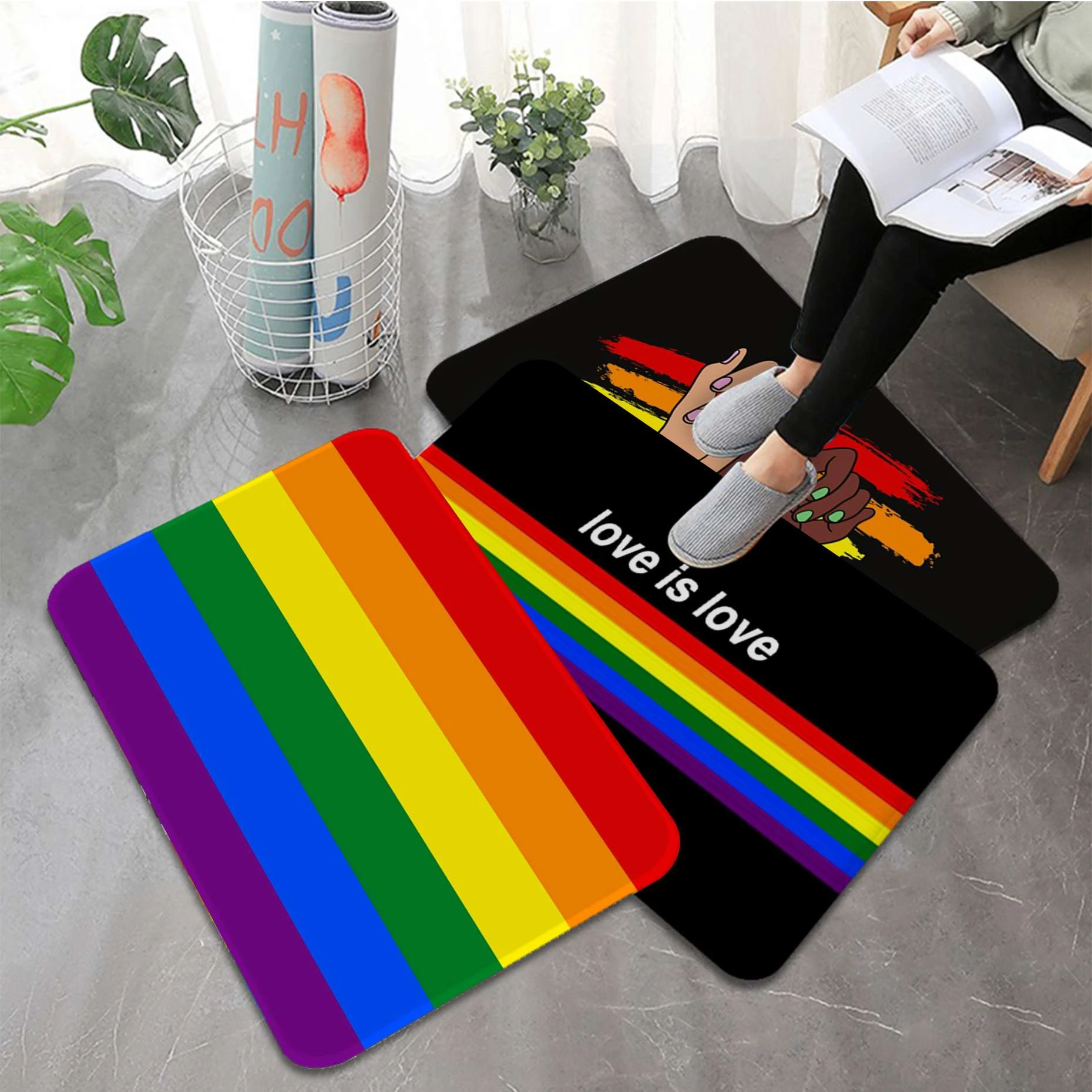 Gay Lesbian Lgbt Rainbow Love Printed Flannel Floor Mat Bathroom Decor ...