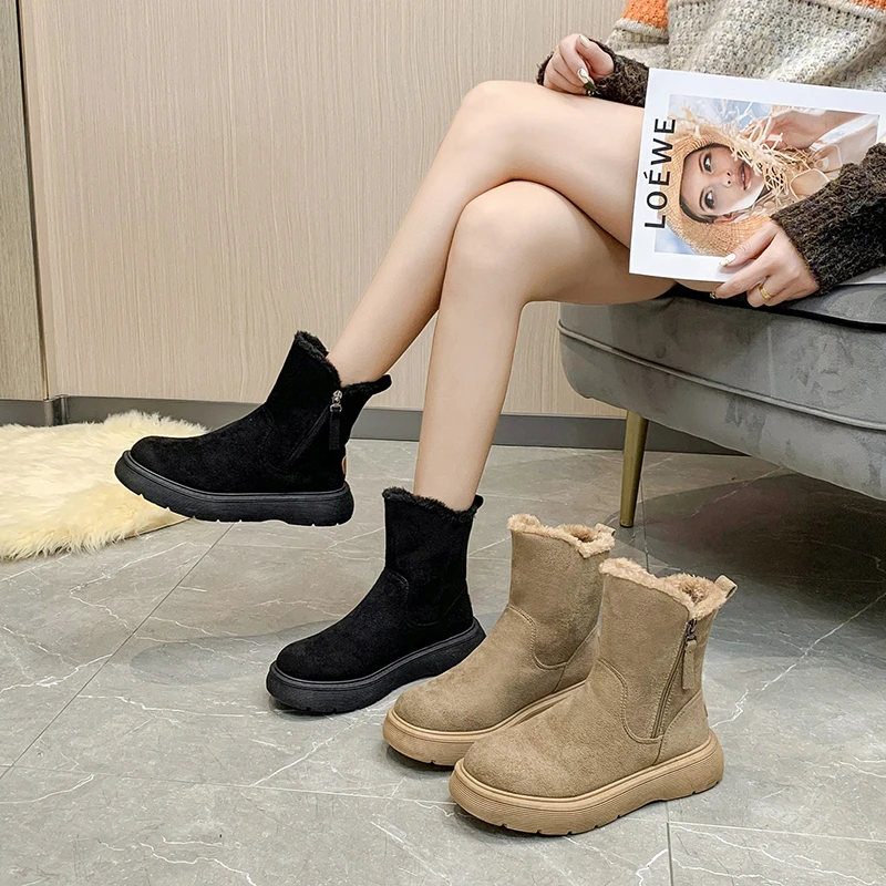 Smile Circle Botines de piel de ante para mujer, botas cortas con plataforma plana, zapatos de ...