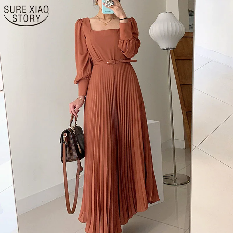 Korea Foreign Style Elegant Thin Square Collar High Waist Women Dress ...