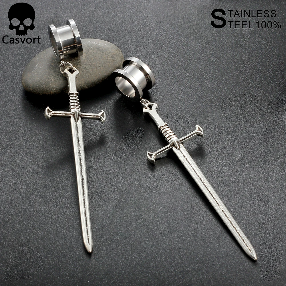 귀 터널 플러그 Dangle 칼 귀걸이 남성 여성 스테인레스 스틸 귀 확장기 스트레칭 게이지 바디 피어싱 쥬얼리 2 개