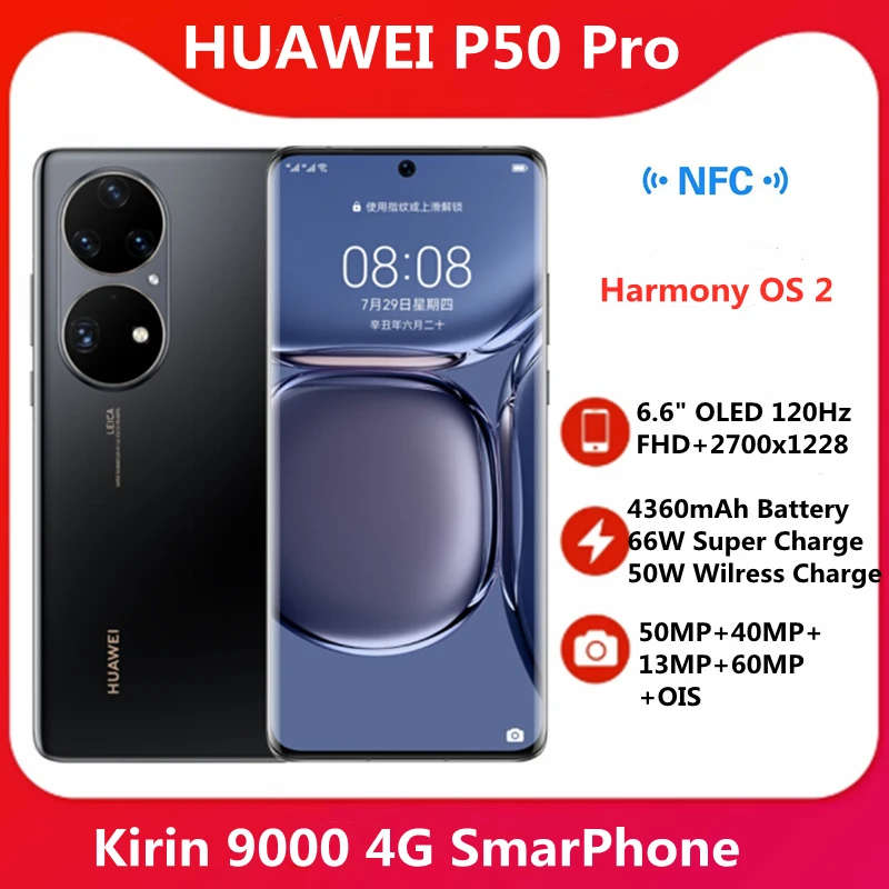 In Stock Original Huawei P50 Pro 4g Smart Phone 6.6'' Oled 120hz Fhd+2700x1228 Screen 4360mah ...