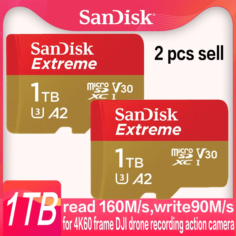 SanDisk 2 pcs vender A2 U3 V30 1TB Extrema Cartão Micro SD 512GB 400GB ...