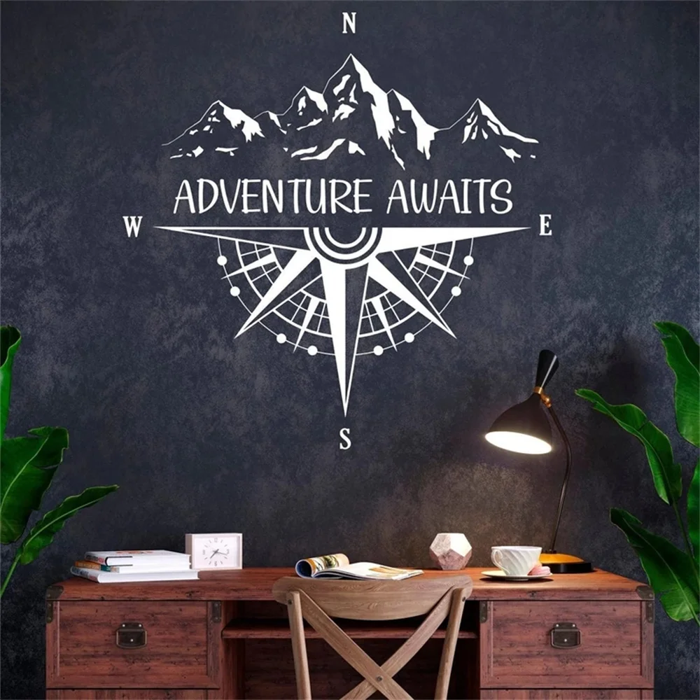 Adventure-Awaits-Wall-Decal-Mountain-with-Compass-Travel-Art-Nautical ...