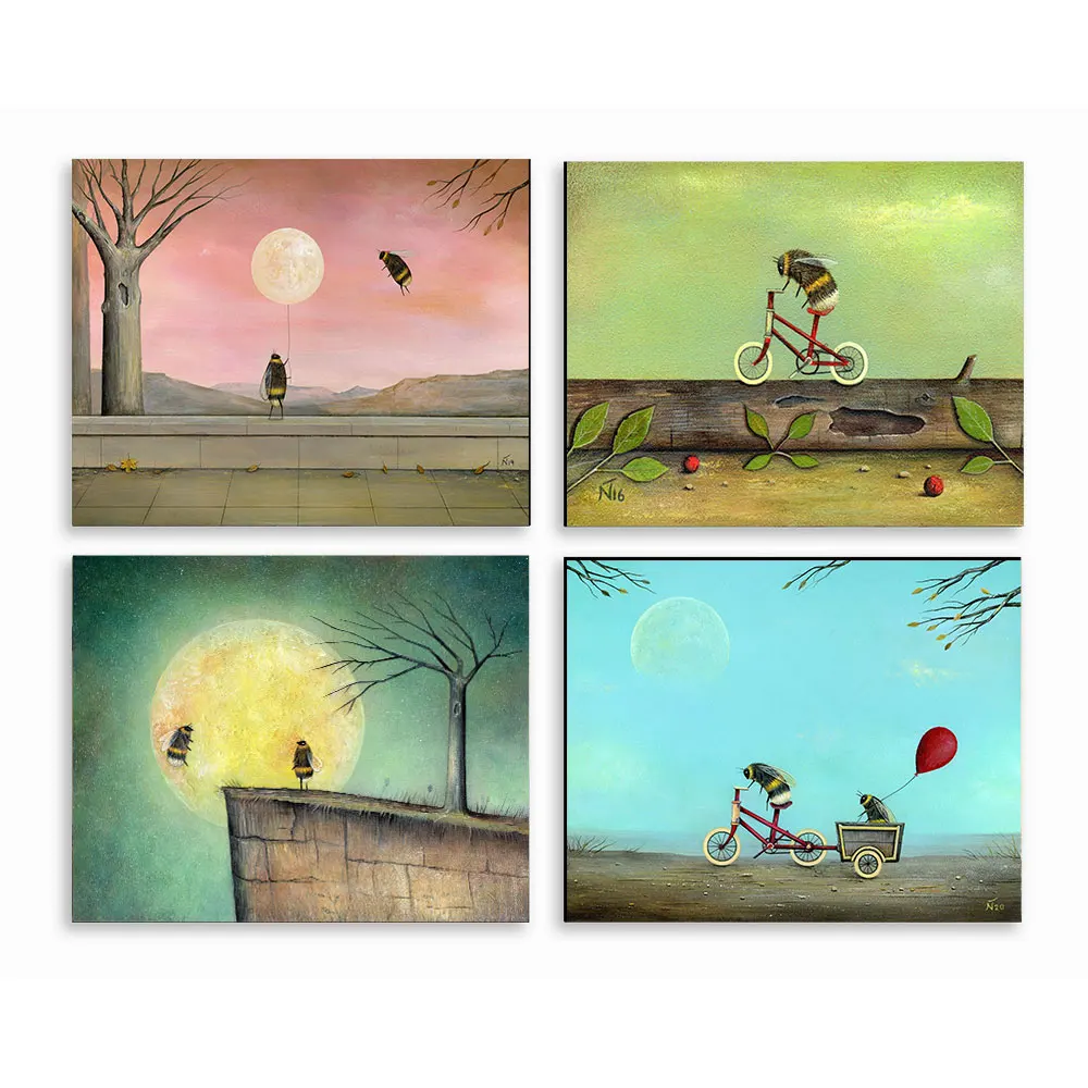 Cartoon Bee Bicycle Nordic Posters And Prints Wall Art Canvas Painting ...