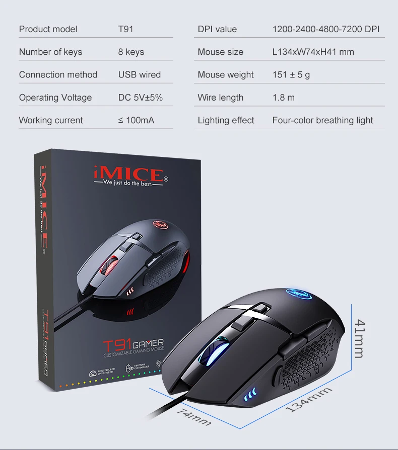 iMice T91 Fire Button Design USB Wired Gaming Mouse Computer Gamer 7200 DPI Optical Mice for ...