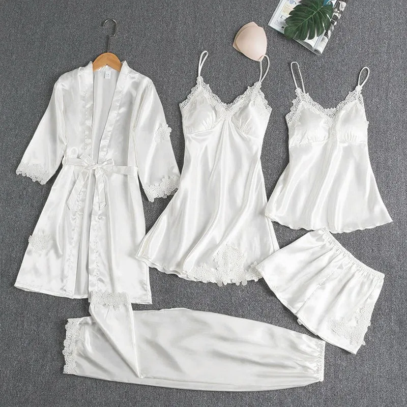 Conjunto de pijama Sexy de seda fina para el hogar, traje de cinco ...