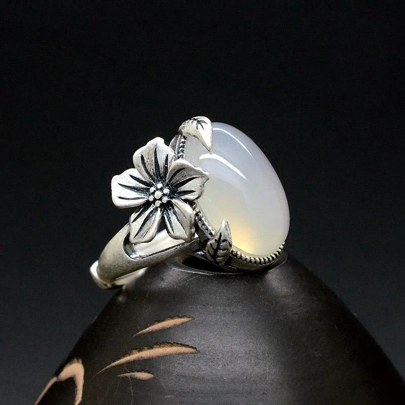 New silver original design plum blossom inlaid With Natural White Jade ...
