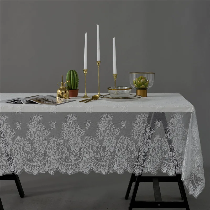 White Lace Table Cloth Polyester Tablecloth Floral Rectangle Black Dust ...
