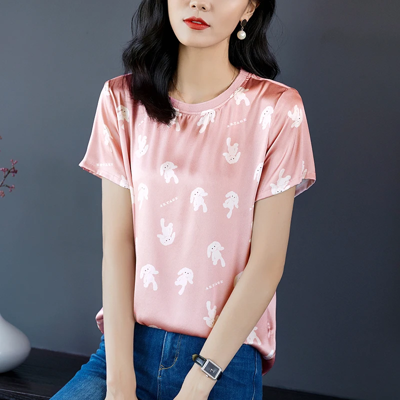 2022 Summer Natural Silk Women Pink Tees Tops Fashion O neck Short ...