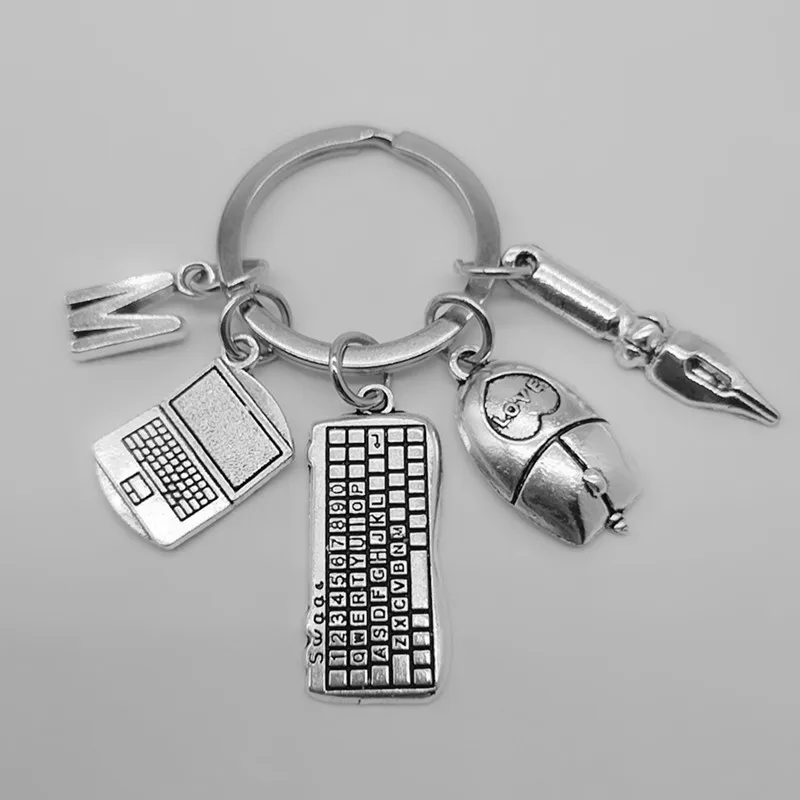 Hot sale A-Z letter laptop mouse keyboard keychain fashion key ring DIY ...